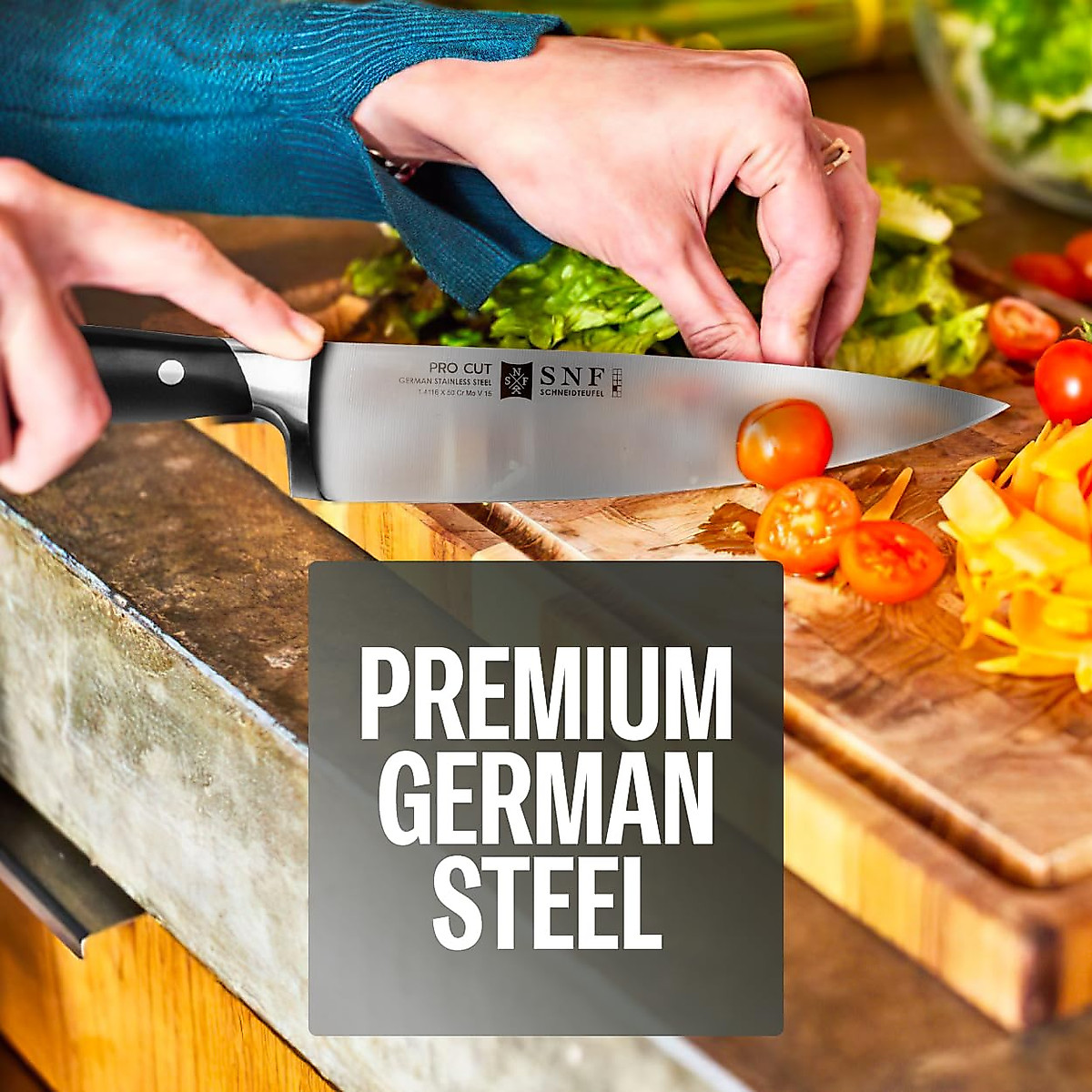 SNFSchneidteufel Pro Cut Forged 8 Inch Chef Knife - X50CrMoV15 Stainless Steel Chefs Knife with Black Ergonomic Handle - 8" inch Chef Knife - Ideal Kitchen Gadgets and Essentials