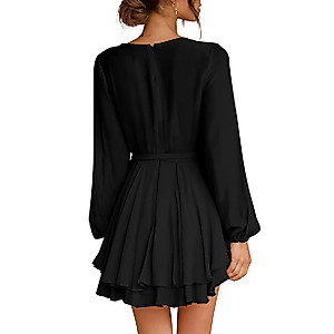 Womens Skater Dress Deep V-Neck Lantern Sleeve Tie Waist Ruffle Mini Dress Black L