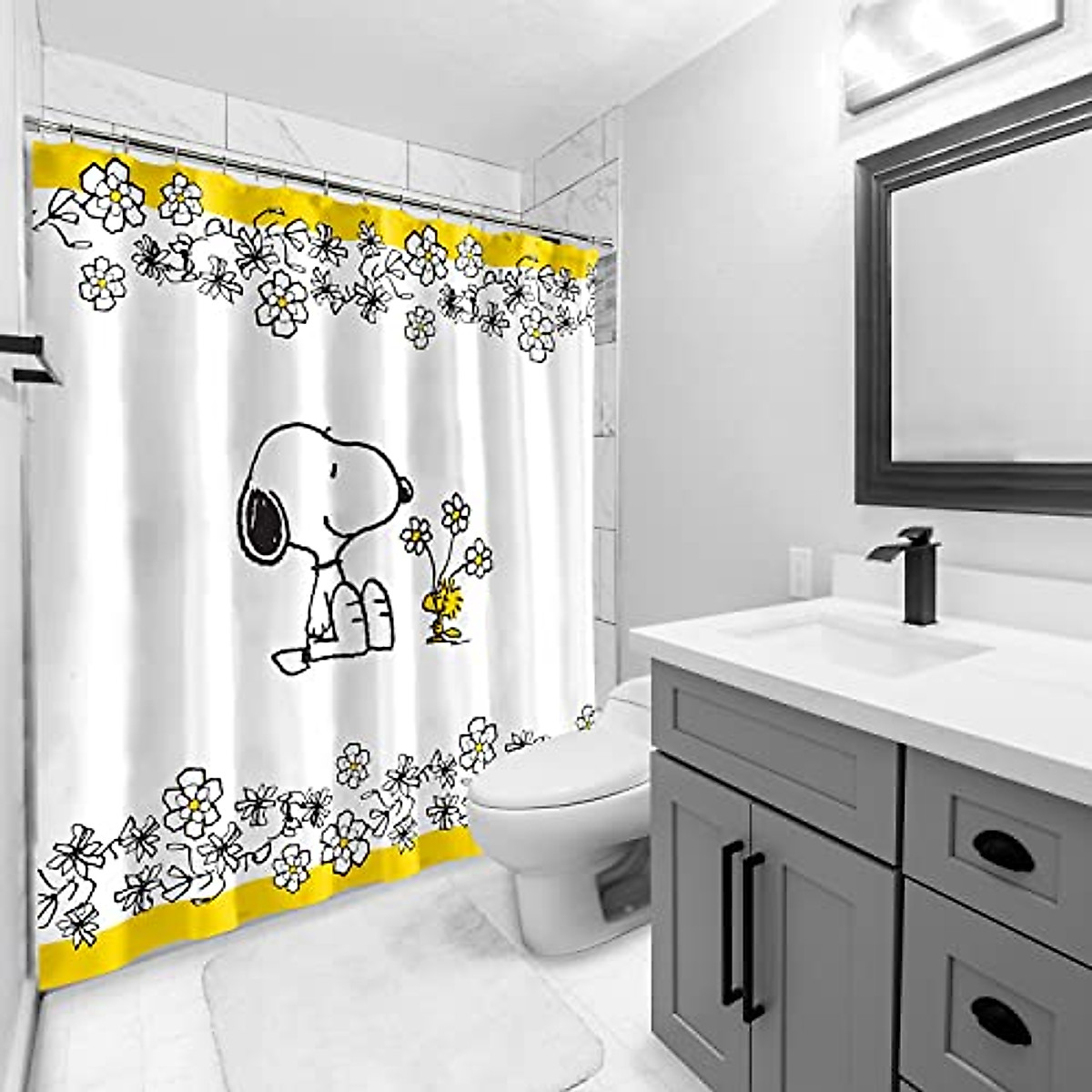 Jay Franco Peanuts Best Friend Flowers Shower Curtain & Easy Care Fabric Kids Bath Curtain Features Snoopy & Woodstock (Official Peanuts Product)