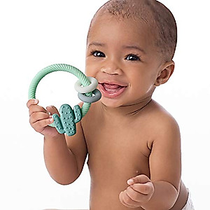 Itzy Ritzy Silicone Teether with Rattle; Rattle Teether Features Rattle Sound, Two Silicone Teething Rings and Raised Texture to Soothe Gums; Ages 3 Months and Up (Cactus)