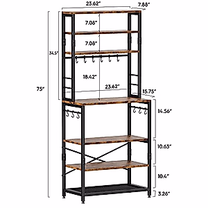 Amosic Industrial Kitchen Baker’s Rack, Multiuse 7-Tier Metal Kitchen Bakers Rack, 6 S-Hooks, Floor Standing Spice Rack Organizer Workstation, for Microwave, Spice Jars, Pots and Pans, Rustic Brown