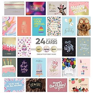 easykart labels 24 Unique Birthday Cards Assortment with Greetings Inside. For Businesses and Individuals, 4X5.5 Inch Assorted Foiling Cards with Envelope with Sealing Stickers