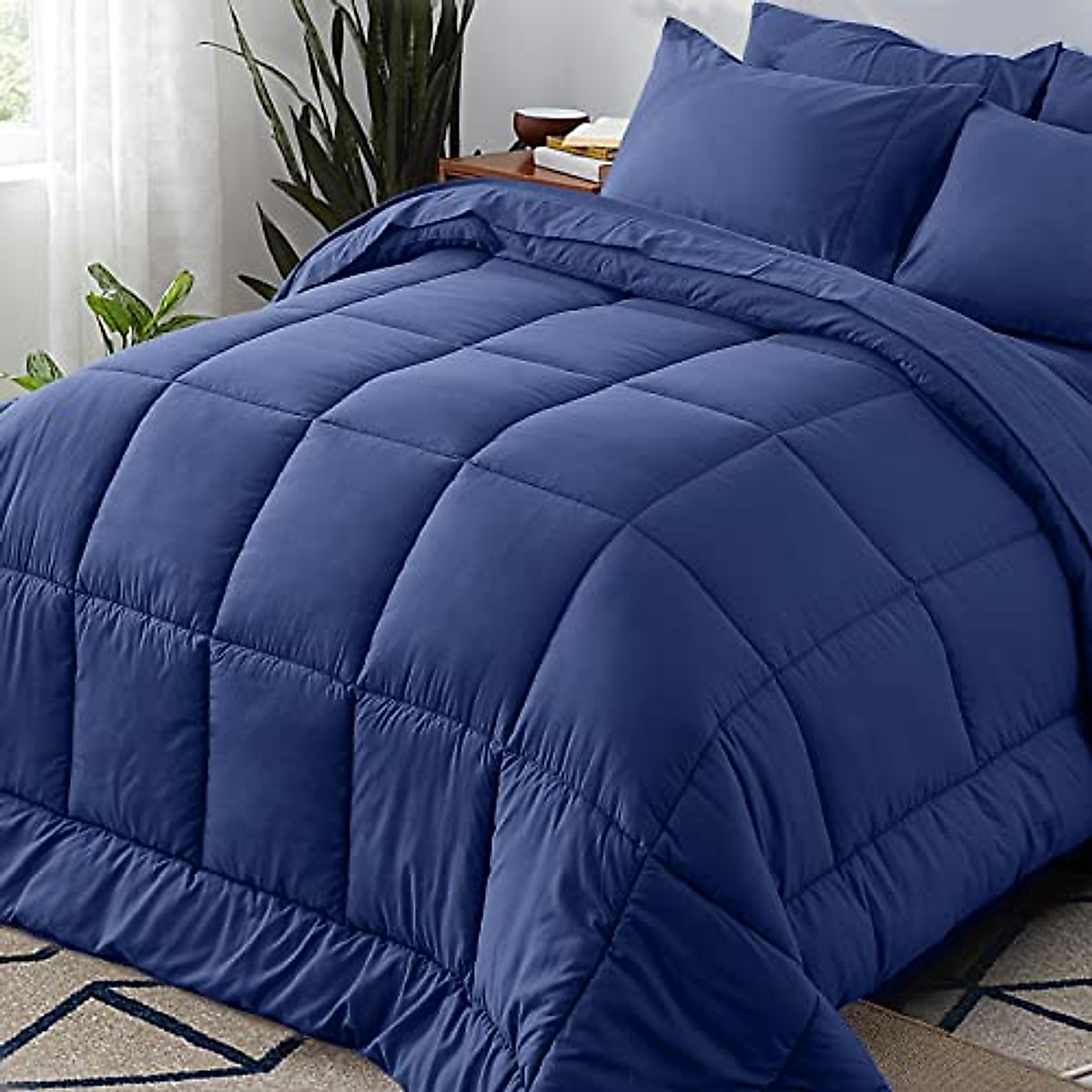 Newspin Full Bed in a Bag - 7 Pieces Blue Comforter Set, Lightweight All Season Ultra Soft Bedding Comforter Set with Comforter, Flat Sheet, Fitted Sheet, Pillowcases & Shams