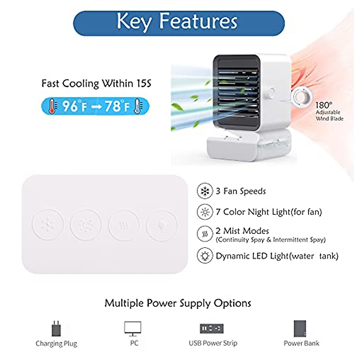 Mini Air Conditioner - Portable Air Conditioner Fan Small AC Unit Personal Desktop Air Cooler Fan - 3 Wind Speeds 7-Color NightLight & Humidify for Dorm Room Office