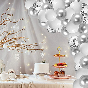 RIIMUHIR White Silver Confetti Party Balloons - 60 Pcs 12inch White Pearl Silver Metallic Chrome Latex Balloon Set with 33Ft Silver...