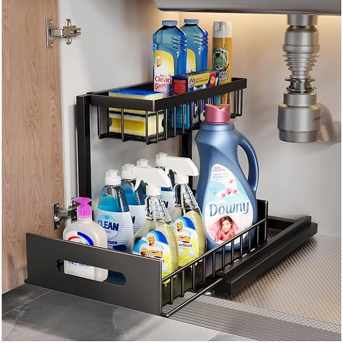 Organizer and Storage, Under Sink, Countertop, Bathroom Vanity Top, Cabinets, Tabletop Storage Organizer +GIFT 4 Hooks and Hanging Cup, 2 Tier, Bathroom or Vanity, Slide Out Shelf, Black Metal No rust