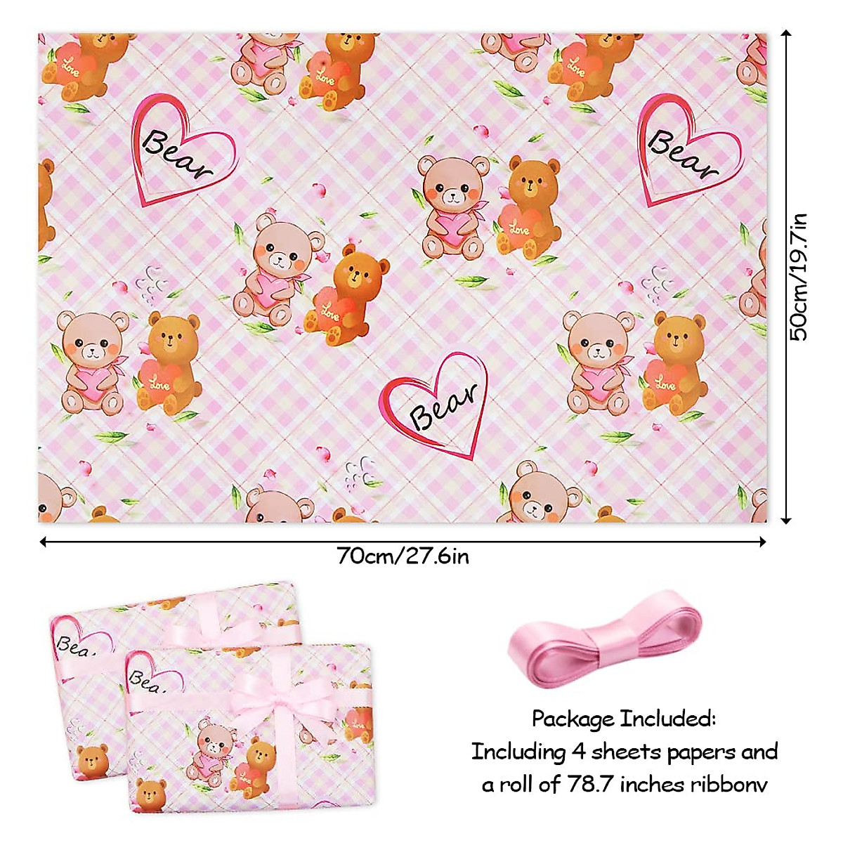 Bear Love Heart Celebrations Birthday Wrapping Paper for Baby Girls, 20 x 29 inch Per Sheet Folded Flat with 1 Roll Pink Ribbon for Infant Kids Baby Shower Wedding Holiday Party Girls Gift Wrap