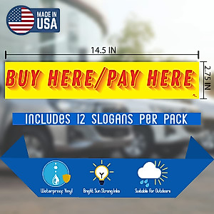 Versa Tags Windshield Slogan Stickers 12 Pack of Cash Stickers 12 Pack of Buy HERE Pay HERE Slogans 12 Pack of 4X4 Window Stickers (36) Dealership Stickers Red On Yellow