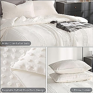 ENJOHOS White Queen Comforter Set - Boho Bedding Sets Queen for Teen Girls, 3 PCS Tufted Comforter with Pom Pom Design for All Season, Lightweight Soft Microfiber Cooling Comforter with 2 Pillow Cases