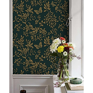 Wudnaye Green Vintage Floral Wallpaper Peel and Stick Wallpaper Dark Green and Gold Flower Leaf Butterfly Contact Paper 17.7" X 118.1" Removable Self Adhesive Boho Wallpaper for Bedroom Cabinets Decor