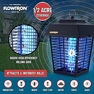 Flowtron Bug Zapper, 1/2 Acre of Outdoor Coverage with Powerful 15W Bulb & 5600V Instant Killing Grid, Electric Insect, Fly & Mosquito Zapper With Wall Mounting Bracket & Mosquito Attractant Cartridge