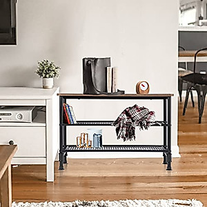 TEAKMAMA 3-Tier Shoe Bench, Shoe Rack, Shoe Shelf Storage Bench with Metal Mesh Shelves and Seat, Wood Free Standing Shoe Organizer for Entryway, Outdoor, Living Room