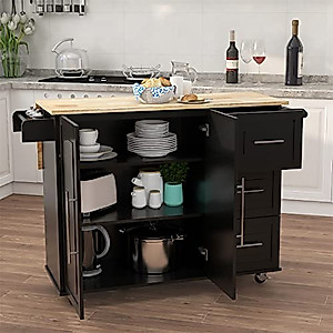LKTART Kitchen Island Extensible Solid Wood Table Top with Spice Rack Towel Rack Movable on Wheels Kitchen Island for Kitchen(Black)