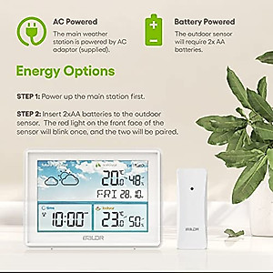 BALDR Home Weather Station & Indoor Outdoor Thermometer with Wireless Remote Sensor, Atomic Alarm Clock, Calendar, Humidity Monitor,& Weather Forecast & Digital Weather Station in LCD Display (White)