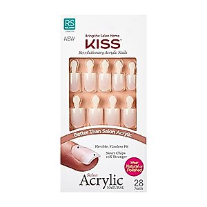 KISS Salon Acrylic Natural Nails, “Brief Encounter”, Real Short, Ultra-Smooth Finish, DIY At-Home Manicure Kit with Pink Gel Nail Glue, Mini File, Manicure Stick, and 28 Nails in 14 sizes