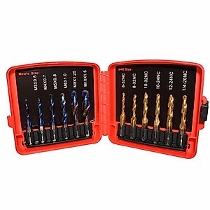 puseky 12pcs Combination Screw Tapping Bit Set Titanium Spiral Flute Drill Taps Thread Tapping Tool with Storage Case SAE/Metric