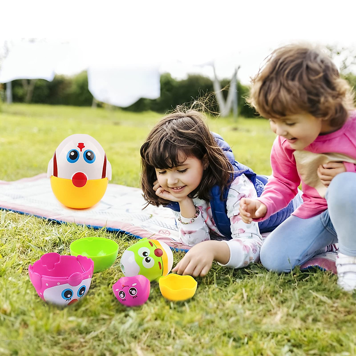 AMOSTING Easter Egg Toys for Toddler, Nesting & Stacking Eggs with Toys Inside, Easter Basket Stuffers Gifts for Toddler Girls Boys, Easter Eggs Hunt, Easter Egg Fillers, Easter Party Favor