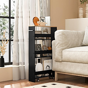 LOKO Slim Storage Cart, 4-Tier Rolling Cart with Handle & Wooden Top for Kitchen Bathroom Laundry Living Room Narrow Small Spaces, 5 Inches Width (Black & Natural)