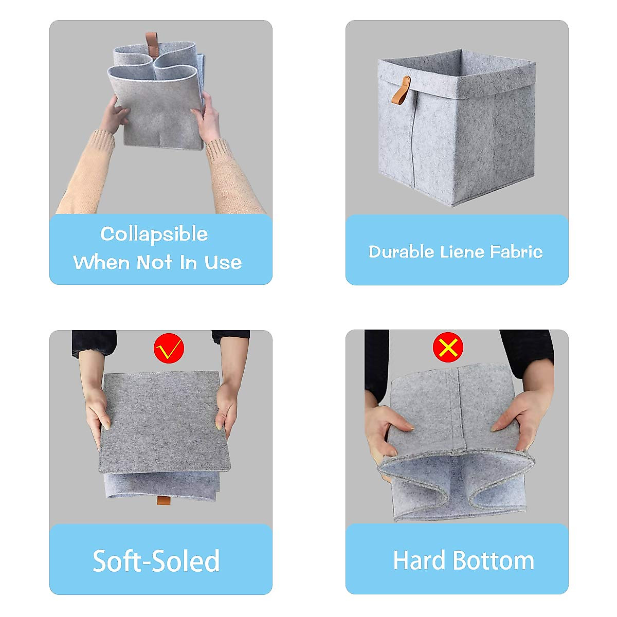 Felt Storage Basket, Fabric Cloth Storage Bin Collapsible Organizer Basket with Handle for Cloth Toys Fordable Cloth Bin for Bedroom Playroom Office Hard Bottom (large, gray)