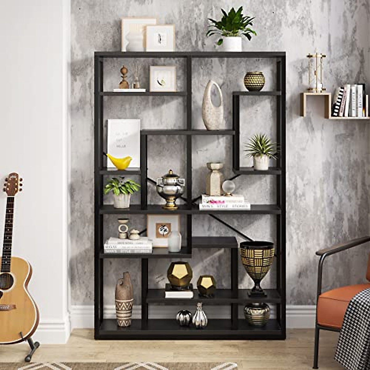 Tribesigns Black Bookshelf 47” Bookcase 9 Tier Tall Book Shelf Rustic Geometric Bookcase Display Shelf Organizer with Open Storage Shelf for Living Room, Industrial Wood Metal Bookshelf for Office