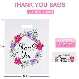 POPGIFTU Floral Thank You Plastic Bags 50 Pack 12" x 15" Thank You Bags for Small Business, Thank You Shopping Bags with Handles, for Boutique, Retail, Gift Bags, Clothes, Party Favors