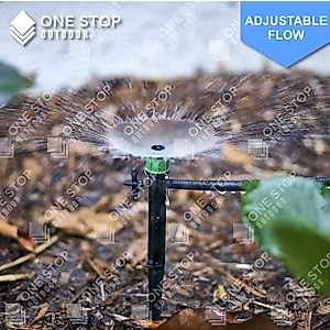 (100-PACK) - 1/4" Inch 360 Degree Drip Emitter On 5" Stake Sprayer Adjustable Flow 0-20 GPH, Fits 1/4 (4-6mm) Irrigation Tubing - Micro Bubbler Drippers for Drip Irrigation (100 Pack Dripper on Stake)