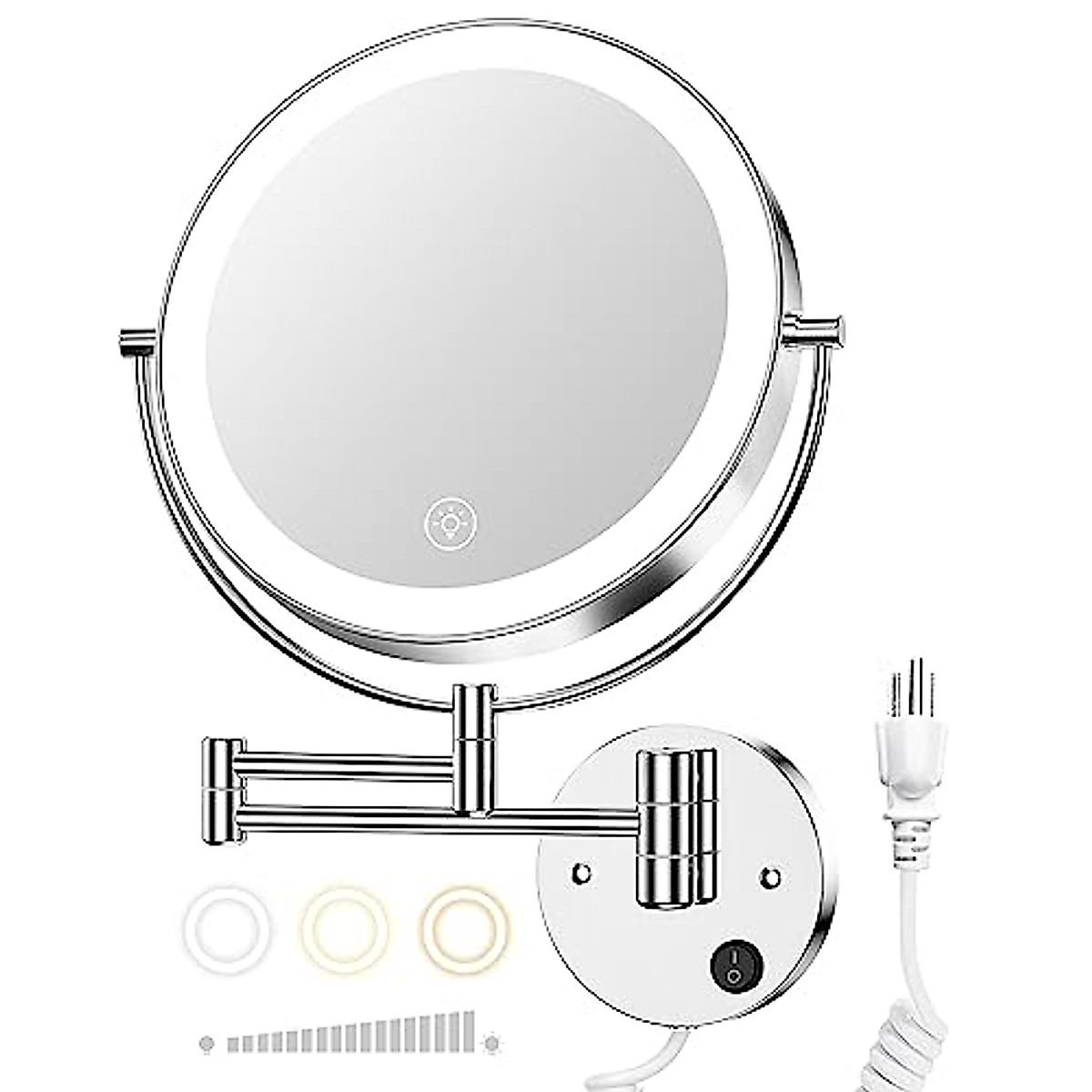 Gospire 9” Wall Mounted Lighted Makeup Vanity Mirror with 3 Color Lights & Stepless Dimming, 1X/10X Magnifying LED Double Sided Bathroom Touch Sensor Extendable Arm 360° Swivel Shaving Cosmetic Mirror
