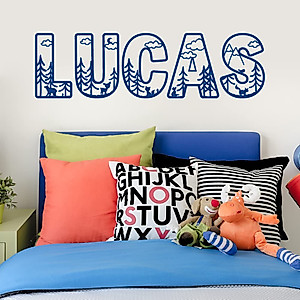 Woodland Animals Custom Name Vinyl Wall Decal Sticker Art for Boys and Girls, Mountain Trees Bedroom and Forest Theme Nursery Room Home Decor for Kids