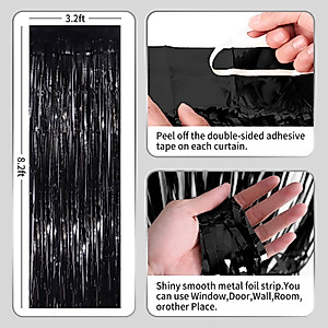 Black Streamers for Black Party Decorations-SINBEE Black Foil Fringe Curtain Black Birthday Decorations Black Fringe Backdrop for Halloween- 2 Packs