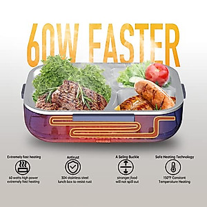 Electric Lunch Box Food Heater 3-in-1 for Car & Home - 60W Warms Flexible 12/24/110 Volts. 1.5 Liter, 3 Compartments, Stainless Steel, Durable, Leakproof, Safe & for Fresh, Hot Meals Boxes for adults