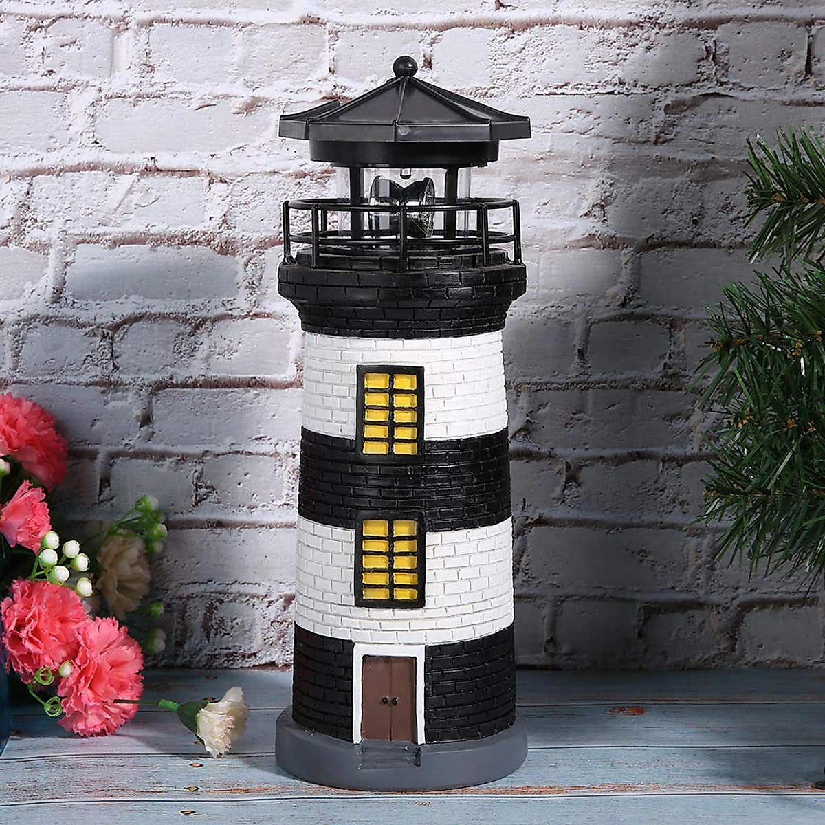 Pesine Solar Lighthouse Statue Rotating Outdoor Light Garden Yard Lawn Craft Ornament for Home Decoration