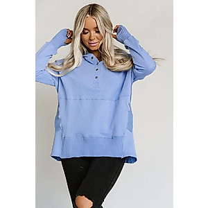 AlvaQ Women Casual Sweatshirt V Neck Long Sleeve Button Up Pullover Hoodie Sweat Shirt with Pocket Fashion 2024 Light Sky Blue Medium