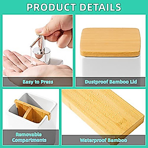VITVITI Bamboo Bathroom Accessories, White Bathroom Organizer Countertop, Soap Dispenser and Toothbrush Holder Set, Vanity Tray for Bathroom, 4 Pieces Ceramics Decor