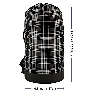Black Check Plaid Laundry Backback Large Heavy Duty Laundry Bag with Adjustable Shoulder Straps Laundry backpack for Traveling Dirty Clothes Organizer for College Students Waterproof
