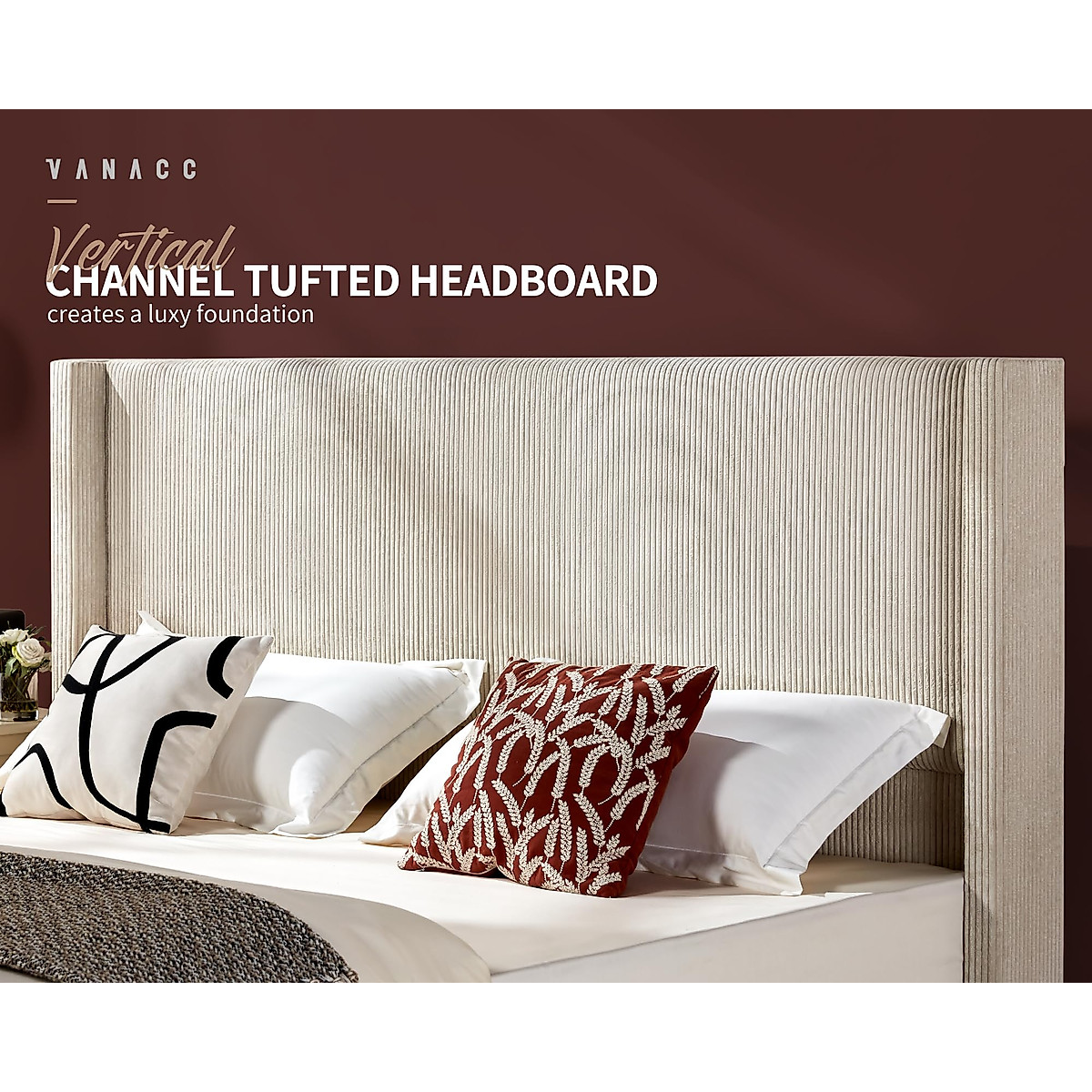 VanAcc King Size Platform Bed Frame, 50.8" Corduroy Upholstered Bed with Vertical Channel Tufted Headboard/Wooden Slats/Wingback/No Box Spring Required/Beige