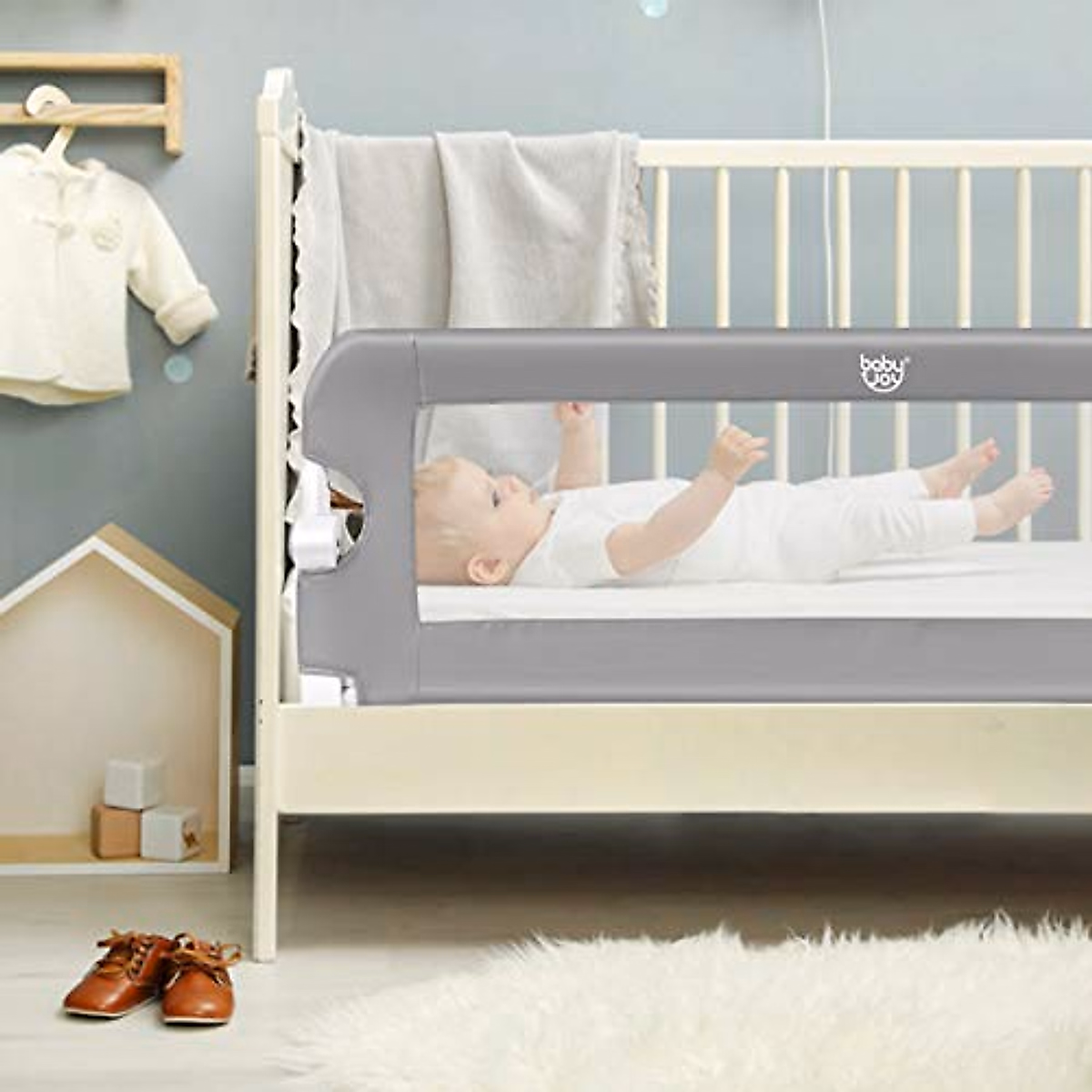 BABY JOY Double Sided Bed Rail Guard, 2 Pack, Extra Long, Swing Down for Convertible Crib, Folding Baby Safety Bedrail for Kids Twin Full Size Queen King Mattress, Rails for Toddlers (Gray, 59-Inch)