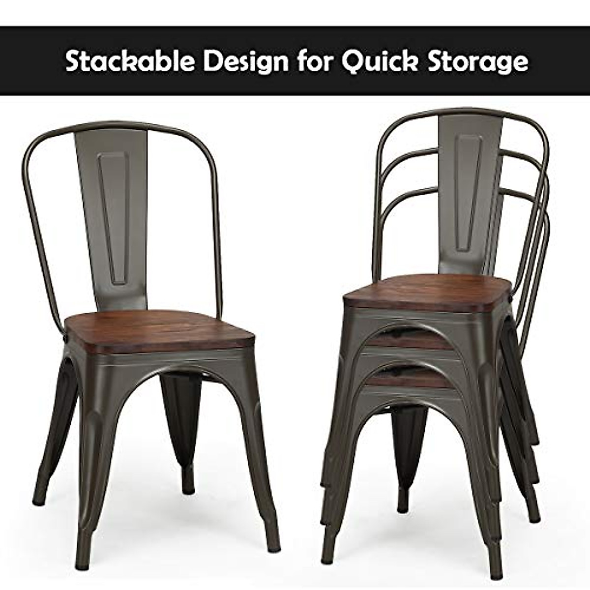 RELAX4LIFE Metal Dining Chairs Set of 4 Stackable Chairs Set 18 Inch W/Back and Stable Steel Frame for Indoor & Outdor Patio Bistro Cafe Side Bar Restaurant Kitchen Metal Chairs Bar Stools (GunColor)