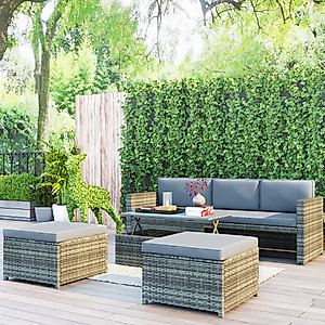 Brabrety 4 Pieces Outdoor Patio Furniture Sets,All-Weather PE Wicker Sectional Sofa Set with Retractable Table,Conversation Set for Backyard, Free Combination