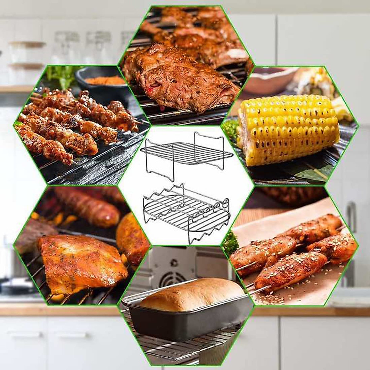 TuTuYa Air Fryer Rack for Ninja Dual Air Fryer DZ201/401 & Most 8Qt-10Qt, Air Fryers Accessories Include 1 Steam Grill Rack, 1 Skewer Rack, 1 Food Tongs, 1 Oil Brush, 1 Silicone Air Fryer Liner