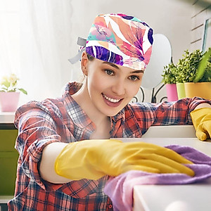 Adjustable Scrub Bouffant Caps, 2 Packs Colorful Floral Working Hat Hair Cover with Ponytail Pouch, Soft Surgical Nurse Cap