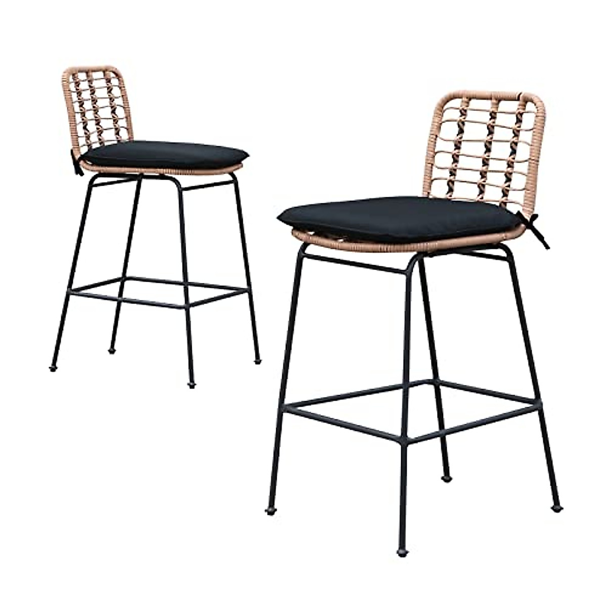 Patiorama Outdoor Bar Stools Set of 2, Patio Counter Height Stools & Bar Chairs w/Footrest, Hand-Woven Armless Beige Rattan Bar Set Patio Furniture for Garden,Pool, Indoor,Cafe,Kitchen(Black Cushion)
