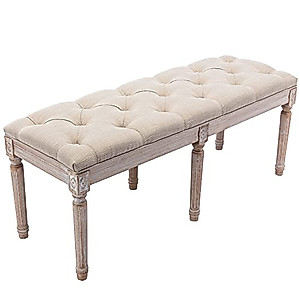 chairus Fabric Upholstered Dining Bench - Classic Entryway Ottoman Bench Bedroom Bench with Rustic Wood Legs - Beige