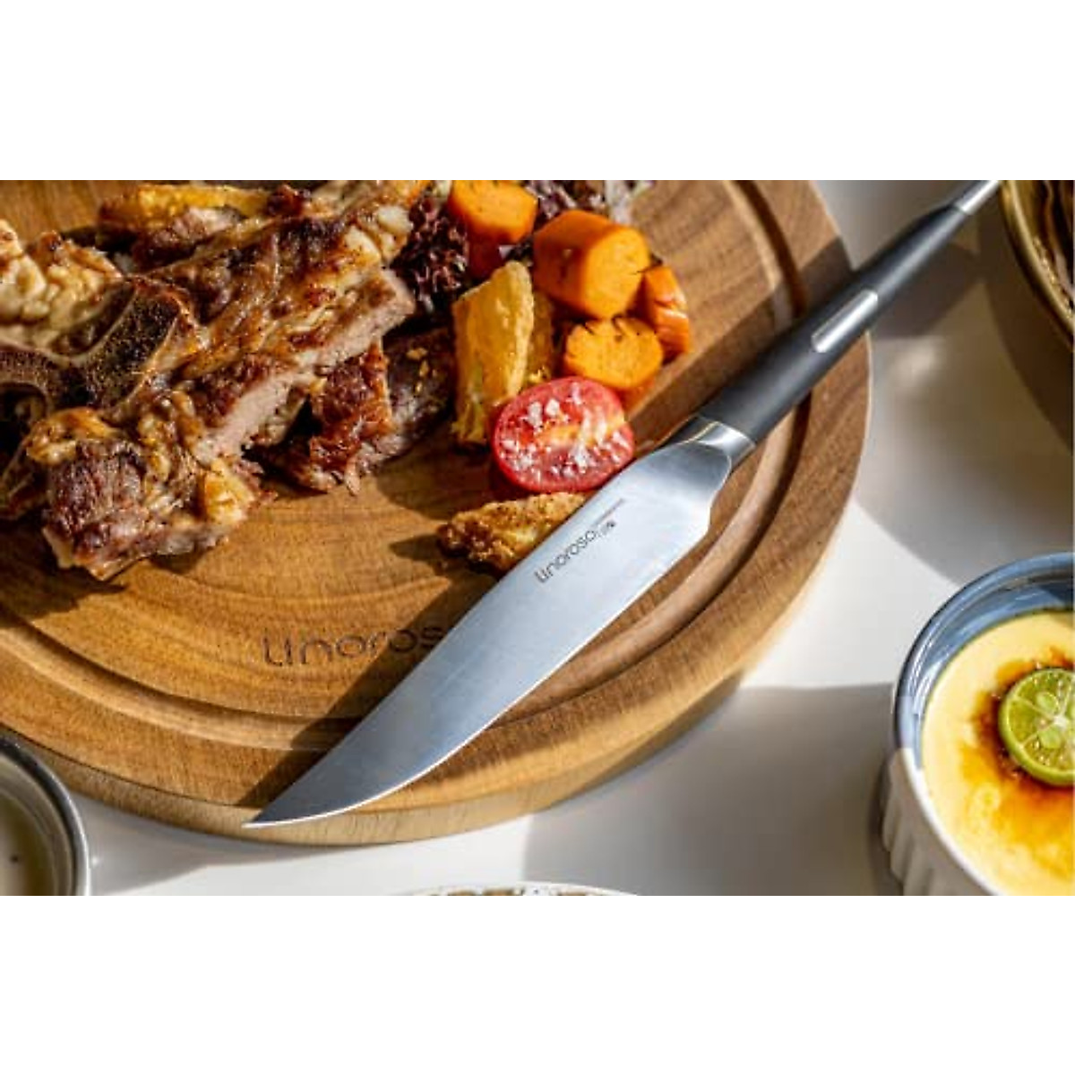 Linoroso Steak Knives, Semi Serrated Steak Knife Set of 4, Sharp Forged German Stainless Steel Steak Knives Set with Exquisite Beech Wood Block, Full Tang, Ergonomic Handle- MAKO Series