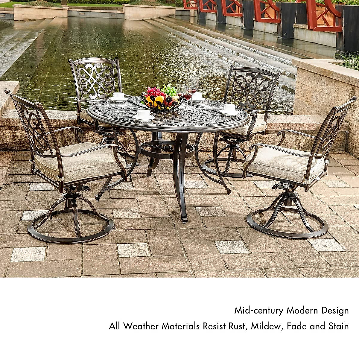 DALI 5 Piece Outdoor Dining Set Patio Furniture, Deep Cushioned Aluminum Swivel Rocker Chair Set with 48 inch Round Alum Casting Table