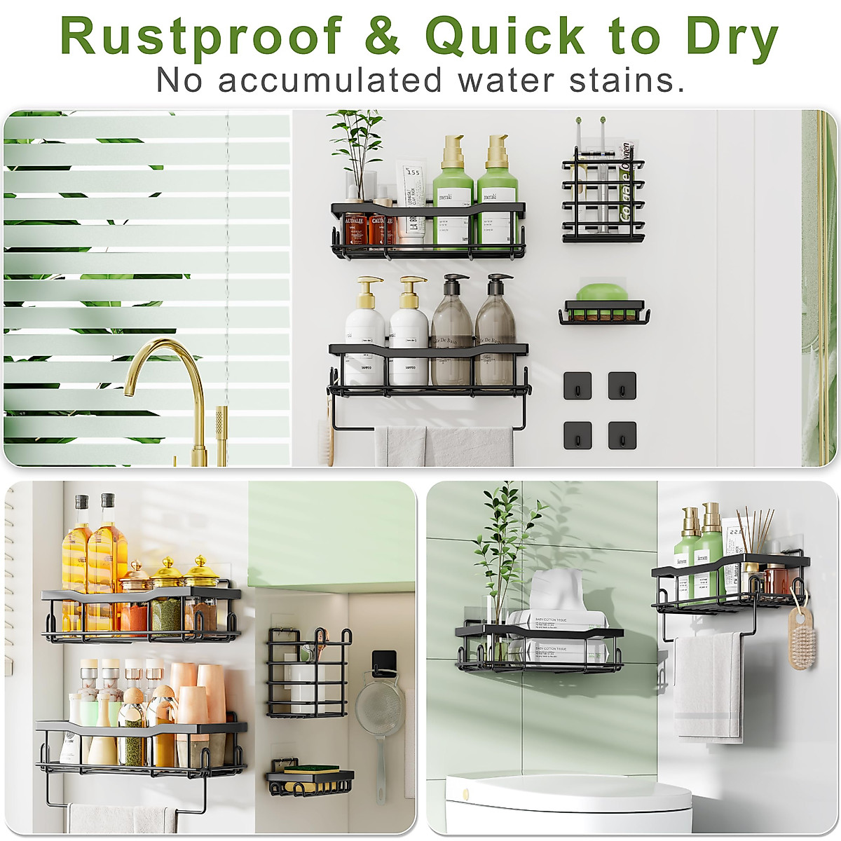 JIANDOS Shower Caddy 9 Pack, Adhesive Shower Organizers for Bathroom&Kitchen, Large Capacity Stainless Steel, Drill-Free Shower Shelves for Inside Shower with Hooks SC01-1