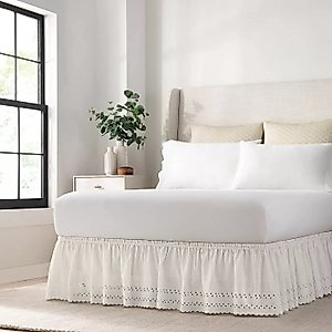 EASY FIT Eyelet Elastic Wrap Around Bed Skirt, Easy On/Off Dust Ruffle (18 Inch Drop), Queen/King, White