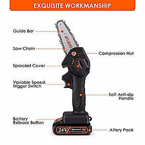 Mini Chainsaw, 4-Inch Portable Cordless Chain Saw with 24V 2pcs Rechargeble Batteries and 2 Chain, One-Handed Electric Chainsaw for Wood Cutting, Branches Pruning, Farming, and Garden Tree Trimming