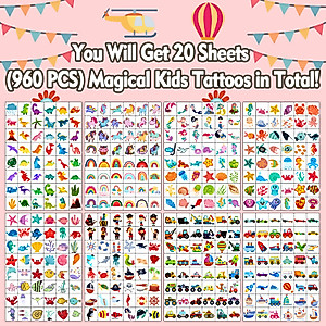 Partywind 960 PCS Individually Wrapped Tattoos for Kids Bulk, Cute Temporary Tattoo Stickers for Birthday Party Supplies Favors, Fake Tattoos for Kids Christmas Games (20 Sheets)