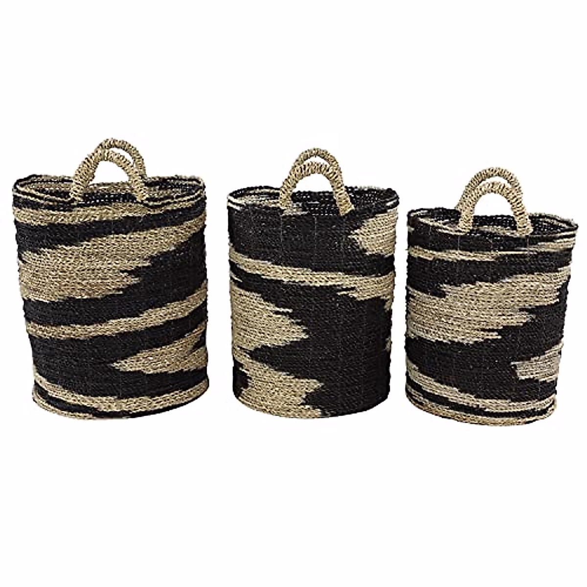 Deco 79 Seagrass Handmade Two Toned Storage Basket with Handles, Set of 3 18", 17", 16"H, Black