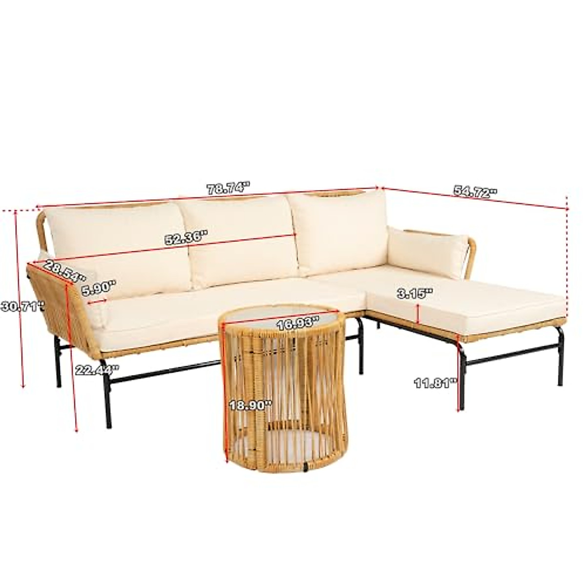 ojhnbvv 3 Pieces Outdoor Patio Wicker Furniture Sets Table and Chairs,L-Shaped Wicker Sectional Sofa with Glass Coffee Table/Detachable Cushion,for Backyard, Porch,Garden